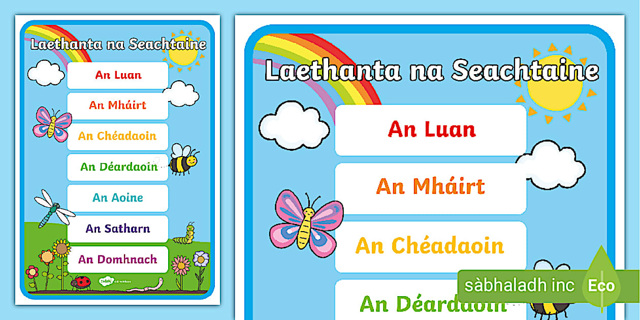 Póstaer Taispeána: Laethanta na Seachtaine (teacher made)