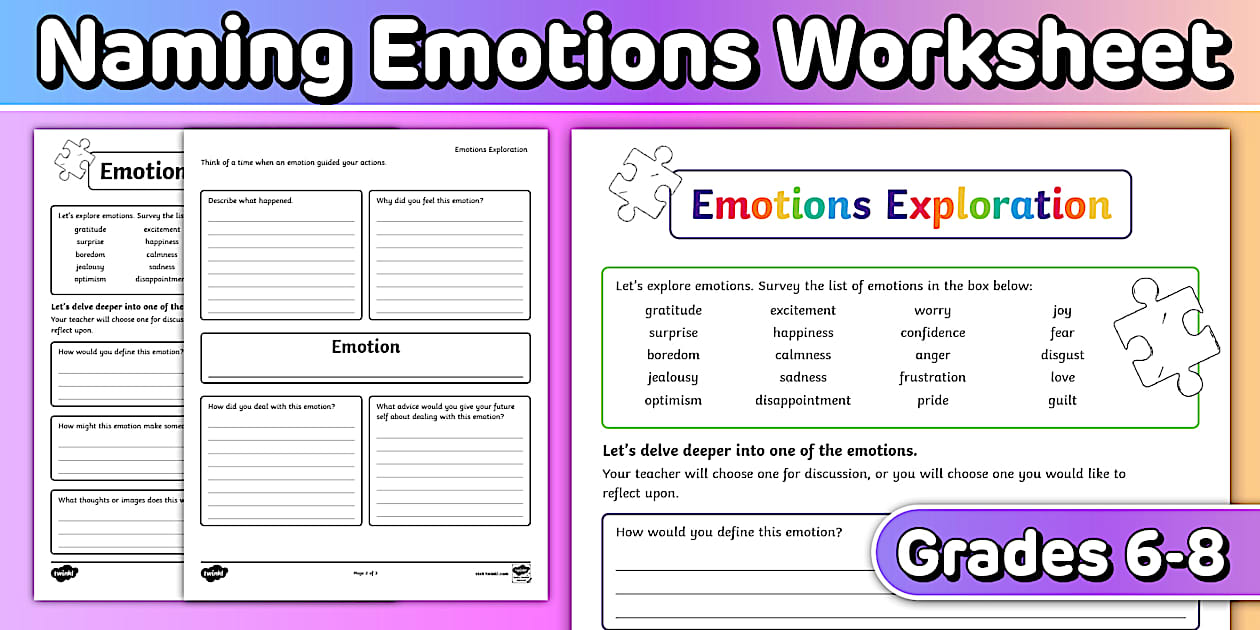 Emotions Exploration Social Emotional Learning Worksheet 6-8