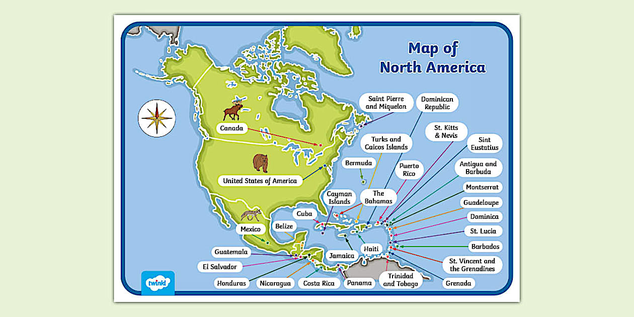 Map of North America with Names Display Poster - Twinkl
