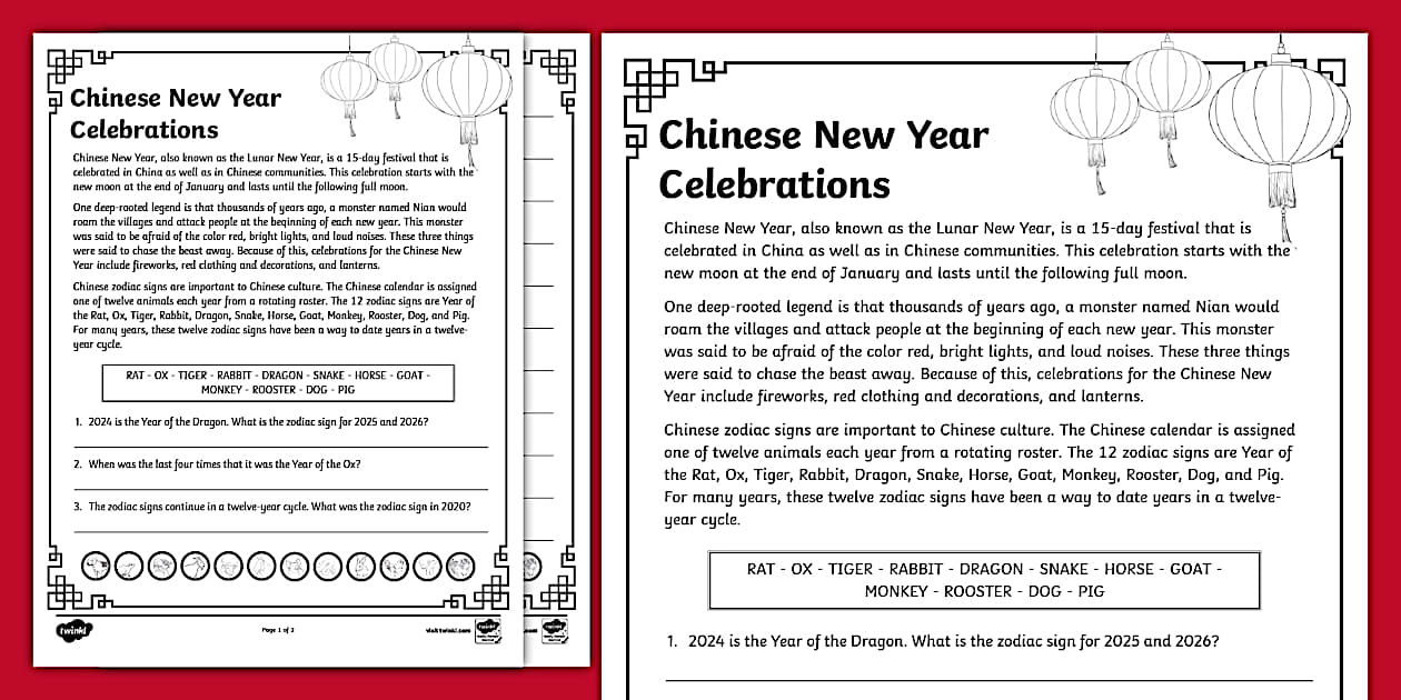 Eighth Grade Chinese New Year Celebrations and Math Worksheet