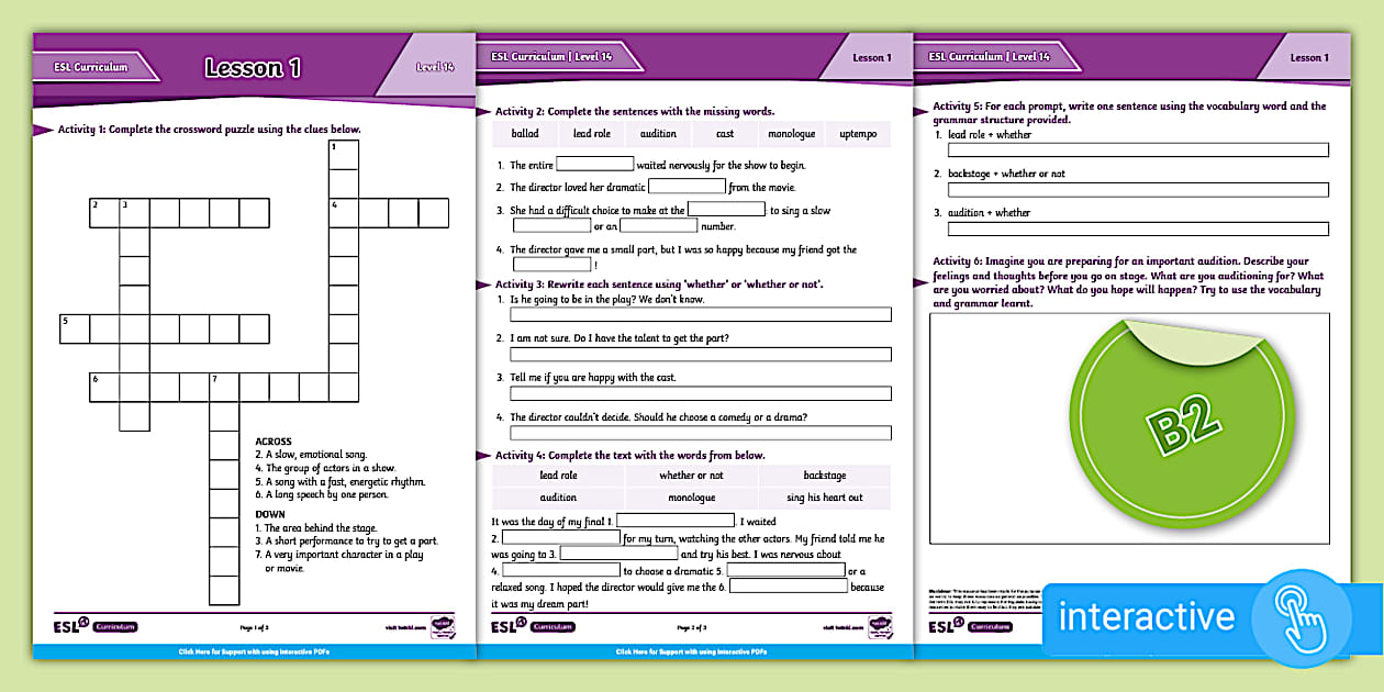ESL Curriculum Level 14 Lesson 1 Interactive Activity Sheet