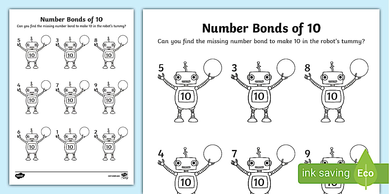 Editable Number Bonds to 10 on Robots Worksheet - Twinkl