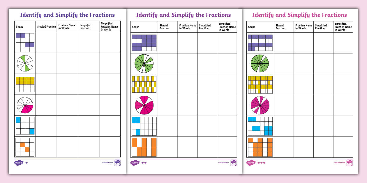 Identify and Simplify the Fractions Activity Sheet - Twinkl