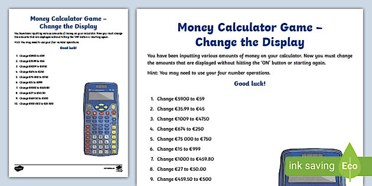 Black and White Money Calculator Game Change the Display Worksheet