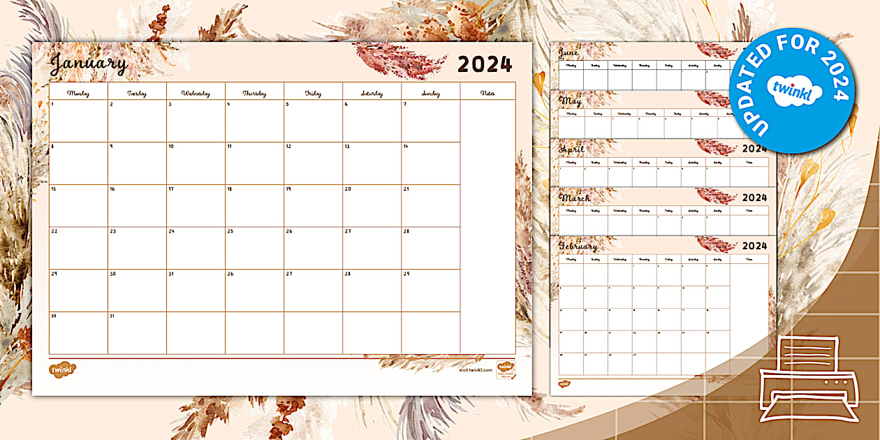 Boho Neutral Month at a Glance Calendar 2023-2024 - Twinkl