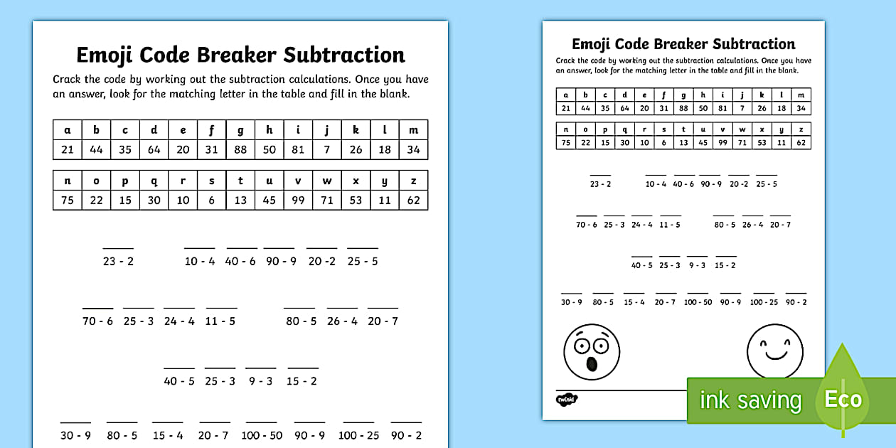 😊 KS1 Emoji Subtraction Code Breaker Worksheet - Twinkl