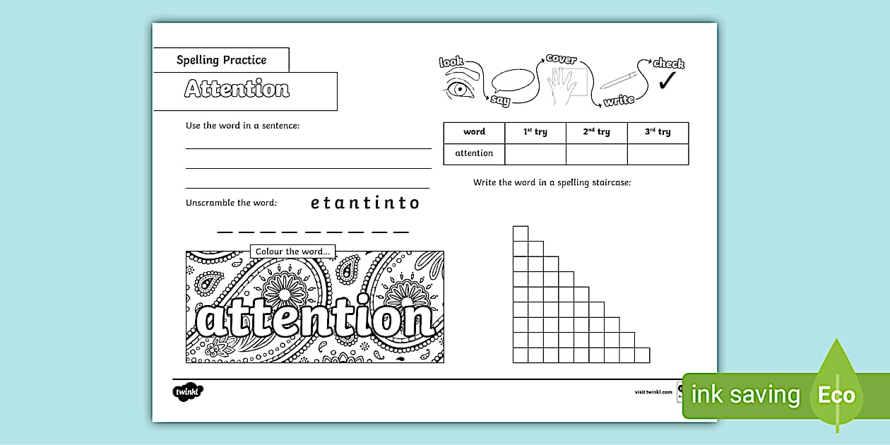 Attention Spelling Practice Worksheet (teacher made)