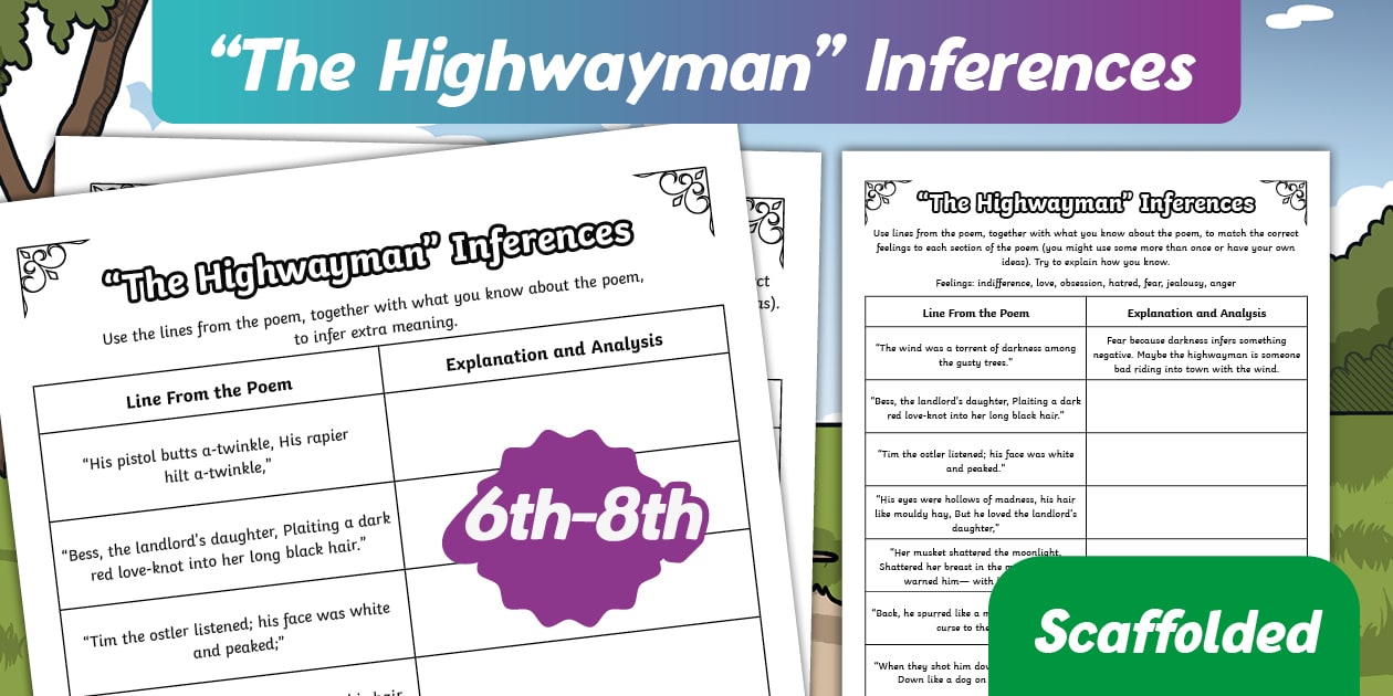 The Highwayman Inferences Worksheet for 6th-8th Grade