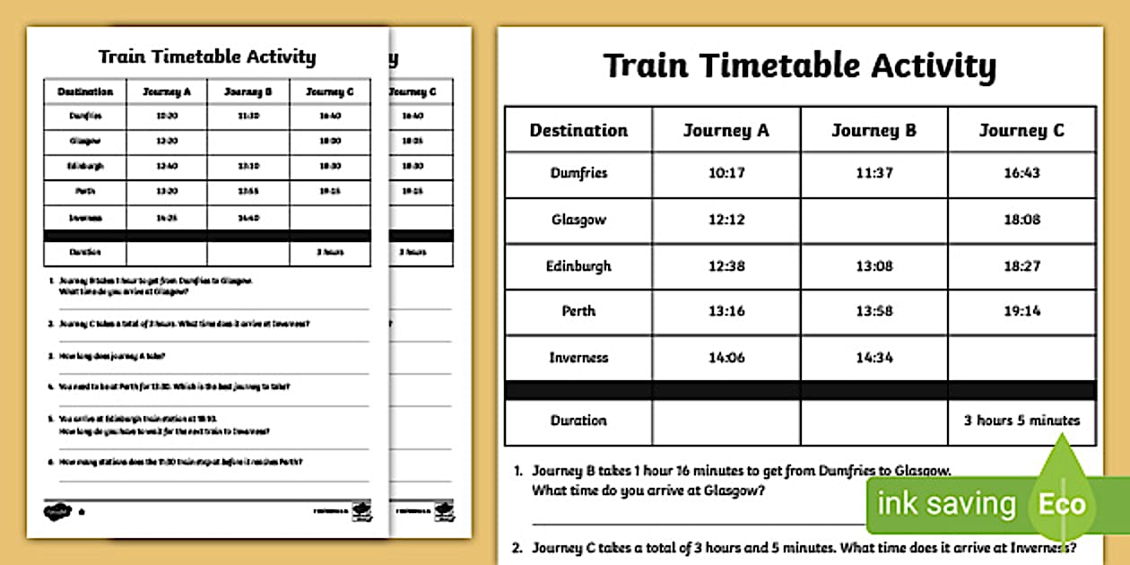 Scotland Train Timetable Differentiated Worksheets - Twinkl