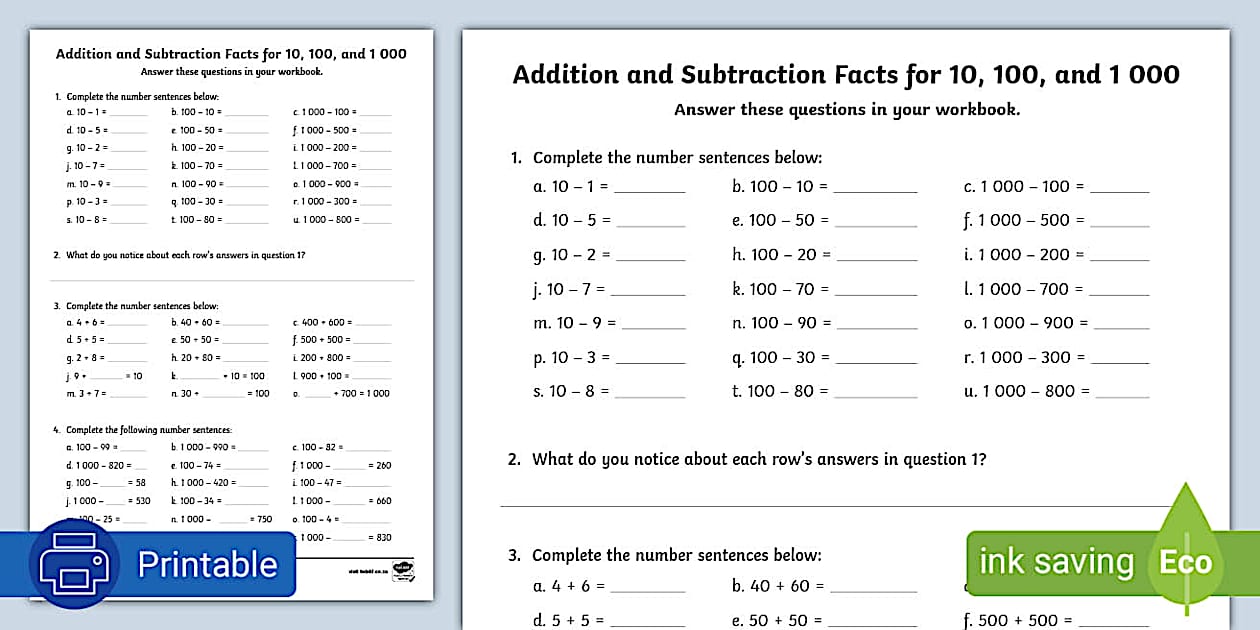 Addition and Subtraction Facts for 10, 100 and 1 000 Activity