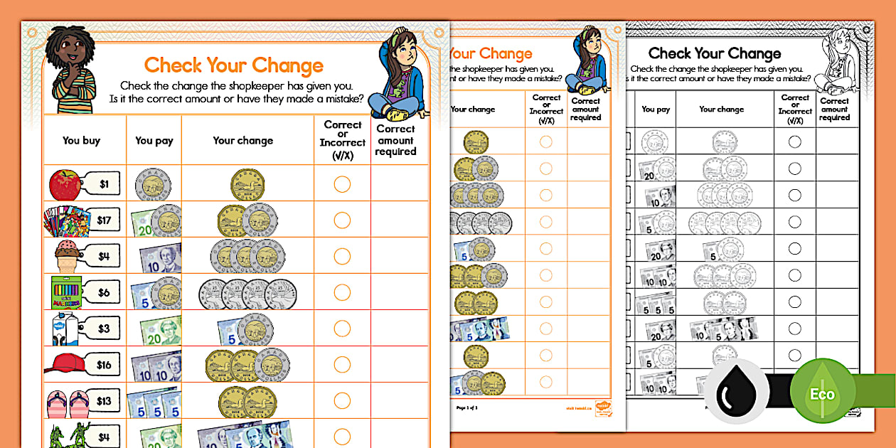 Canadian Money Worksheets – Making Change Activity