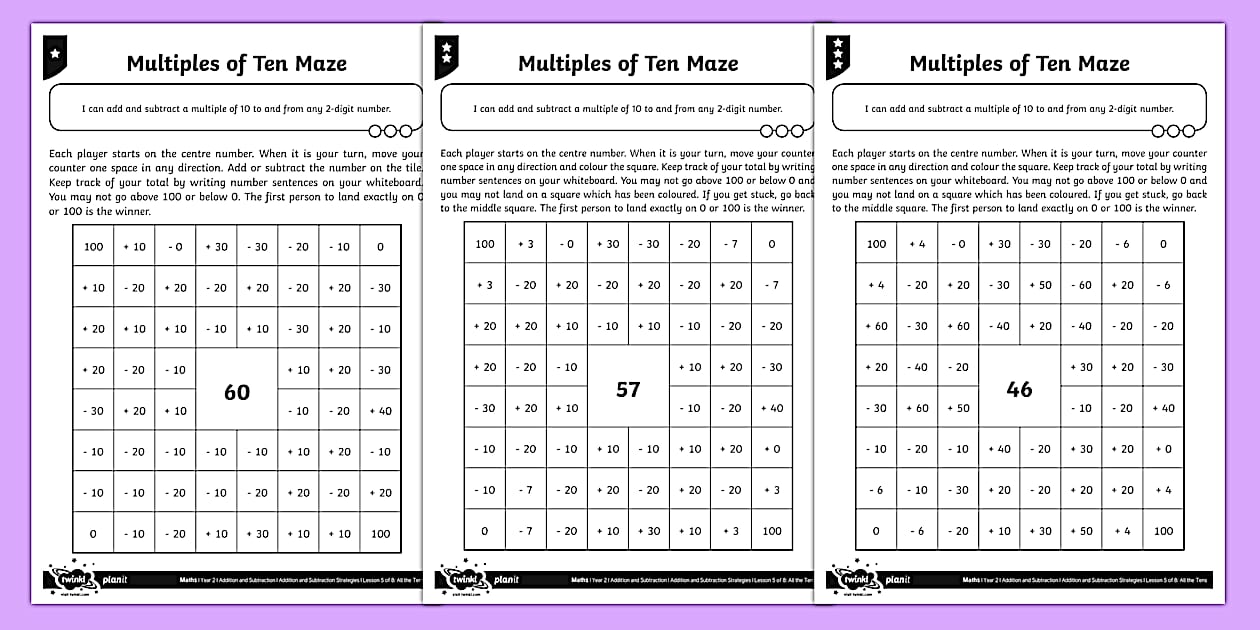 Multiples of Ten Maze Differentiated Worksheets - Twinkl