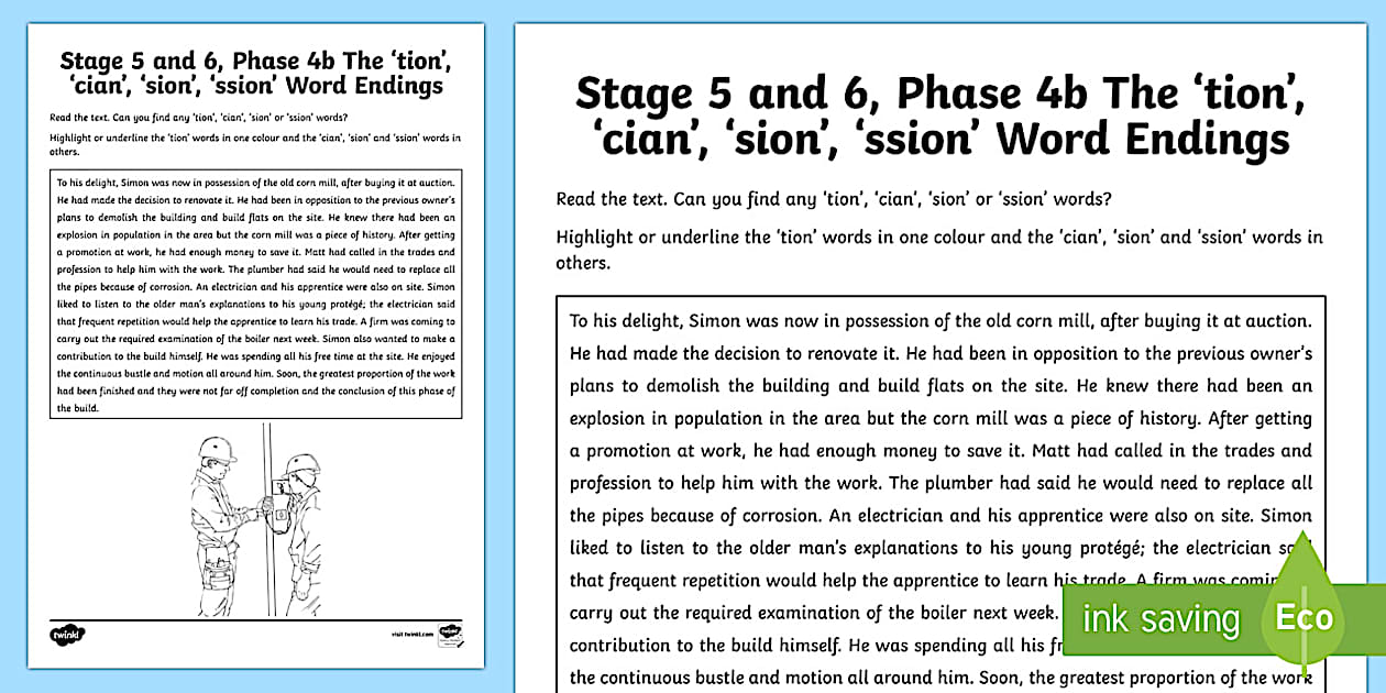 Northern Ireland Linguistic Phonics Stage 5 and 6, Phase 4b 'tion/cian ...