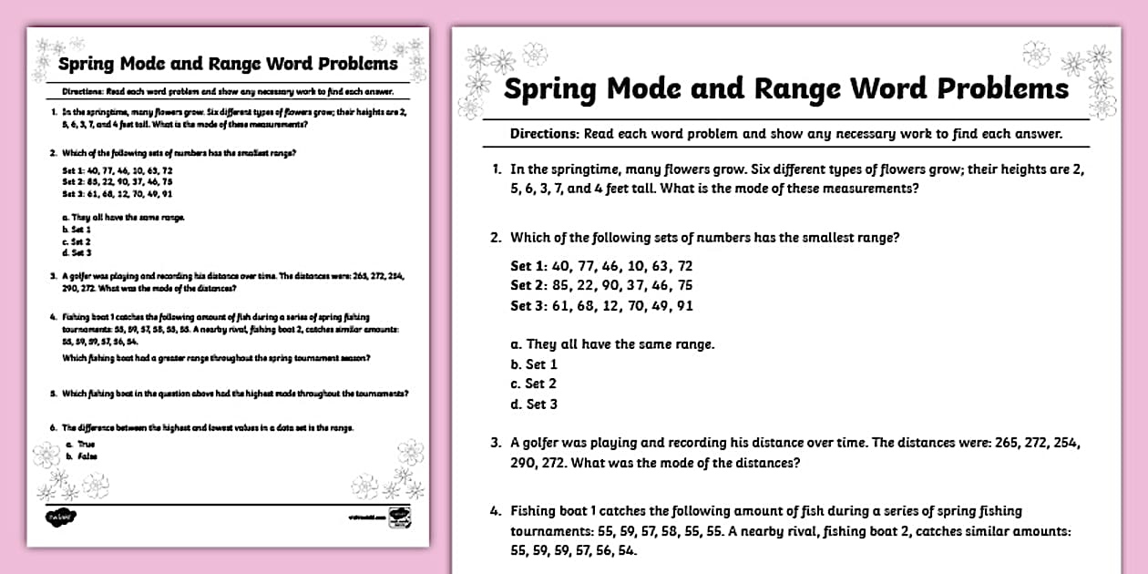 Seventh Grade Spring Theme Mode and Range Word Problems