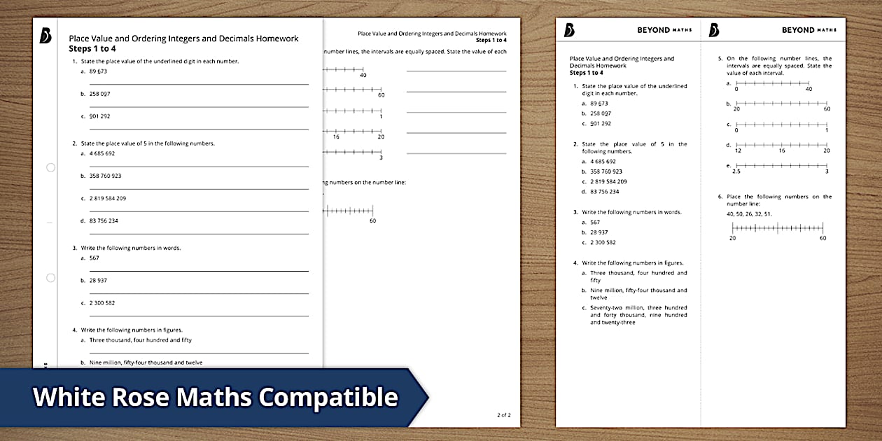 👉 Place Value and Ordering Integers and Decimals Steps 1-4 Homework