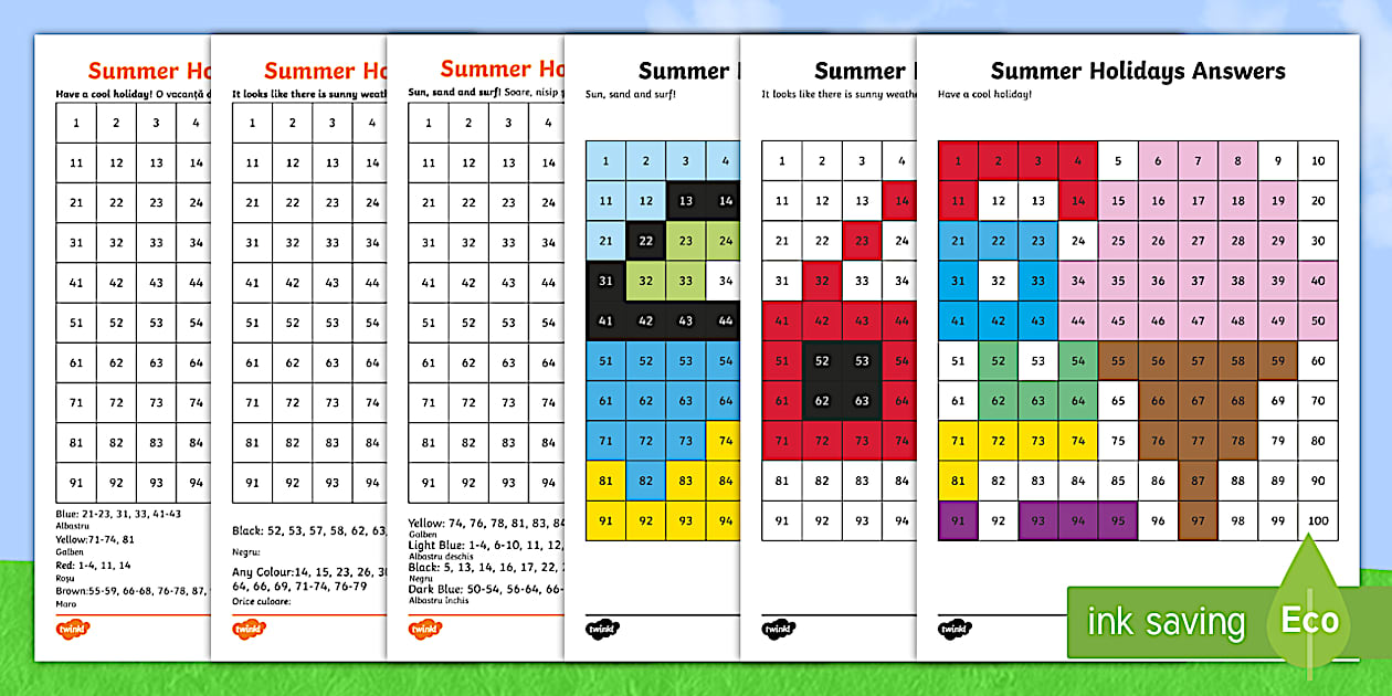 Summer Holidays Colour by Number 100s Chart Worksheet / Worksheets