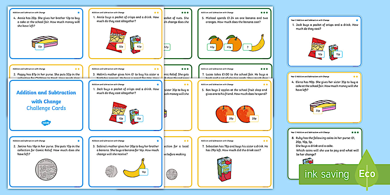 Editable Addition and Subtraction with Change British Money Maths Challenge