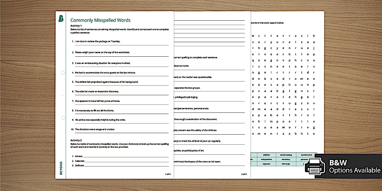 Commonly Misspelled Words (Activity Sheet) - Twinkl