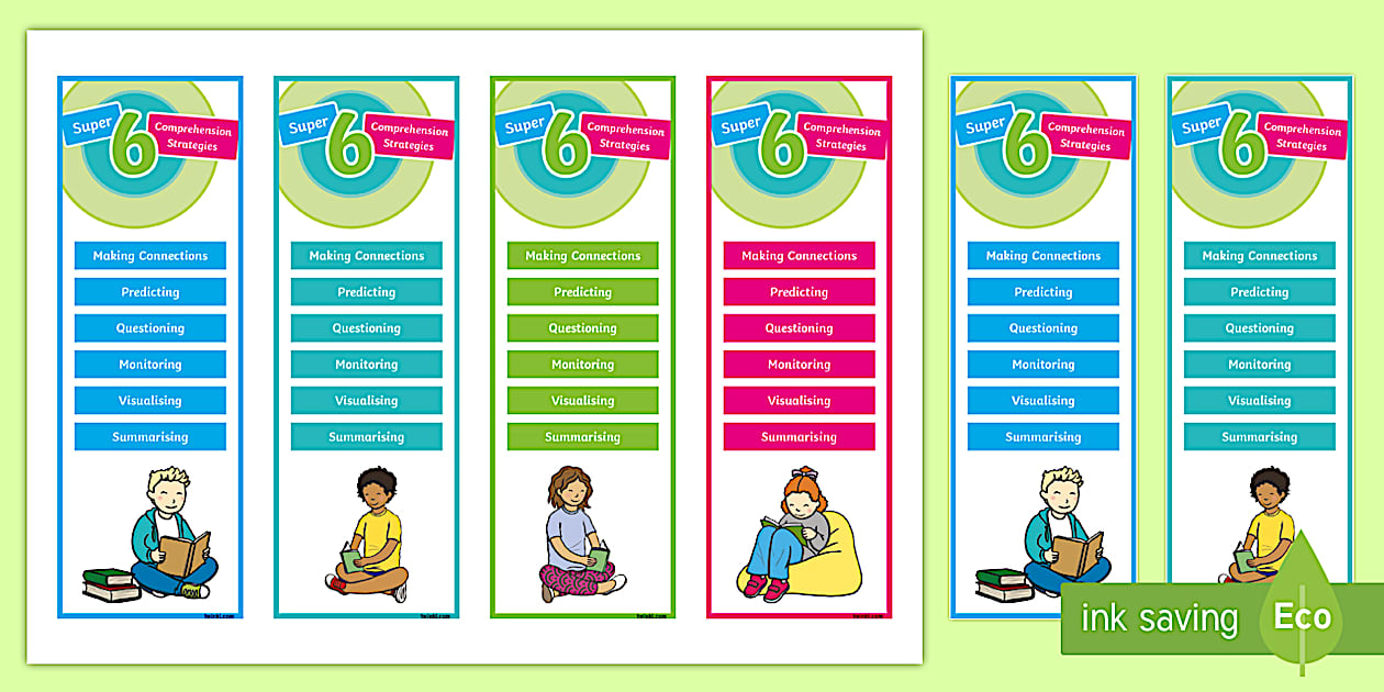 F-2 Super Six Comprehension Strategies Bookmarks - Twinkl