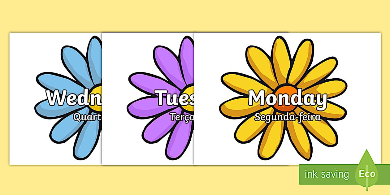 Days of the Week on Flowers Labels English/Portuguese - Days of the Week on