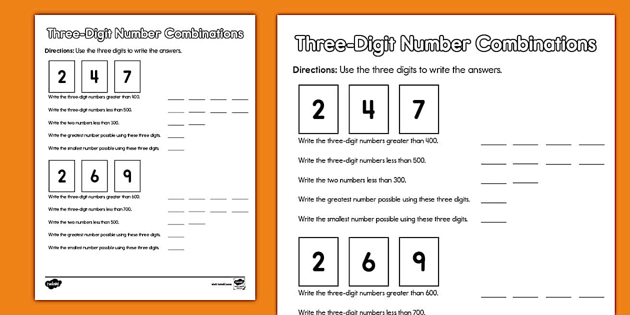 Second Grade Three-Digit Number Combinations Worksheet