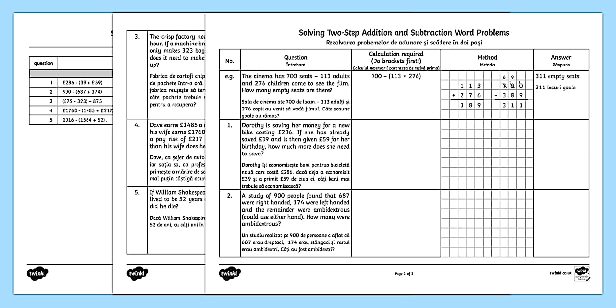 Lower Ability Solving Two-Step Addition and Subtraction Word Problems