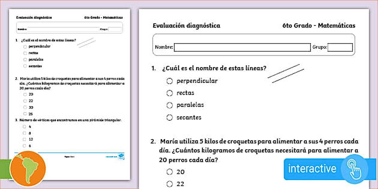 Examen diagnóstico 6to grado Matemáticas en PDF