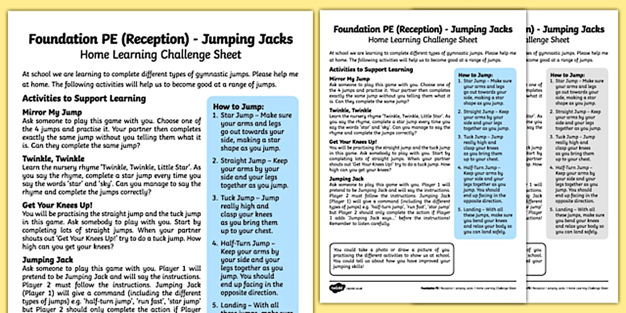 Foundation PE (Reception) - Jumping Jacks Home Learning Challenge Sheet