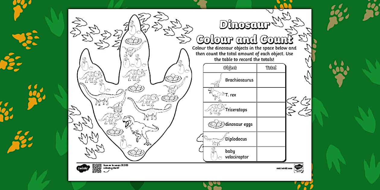 👉 Dinosaur Colour and Count Worksheet - Twinkl