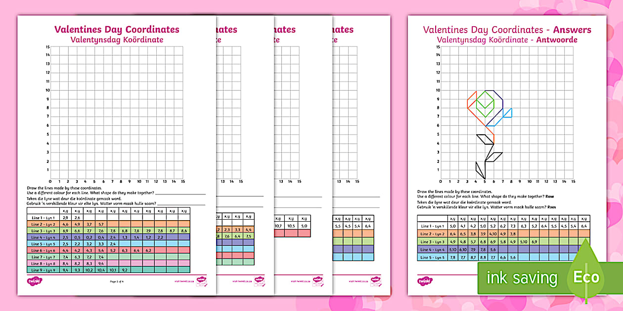Valentines Day Coordinates Worksheets English/Afrikaans