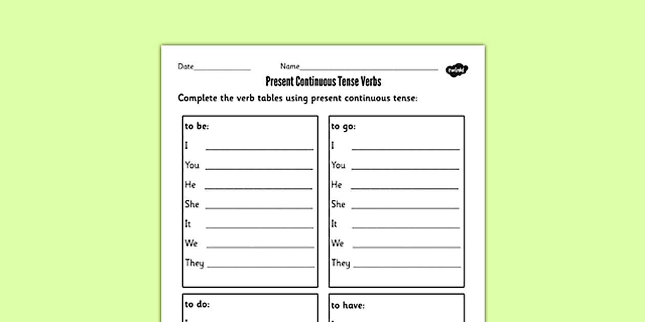Editable Present Continuous Tense Verbs Worksheet - Twinkl