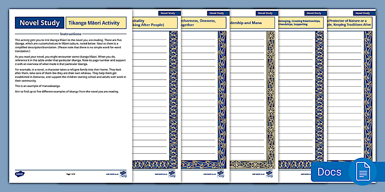 Year 7 and 8 Te Reo Māori Tikanga Novel Activity - Twinkl