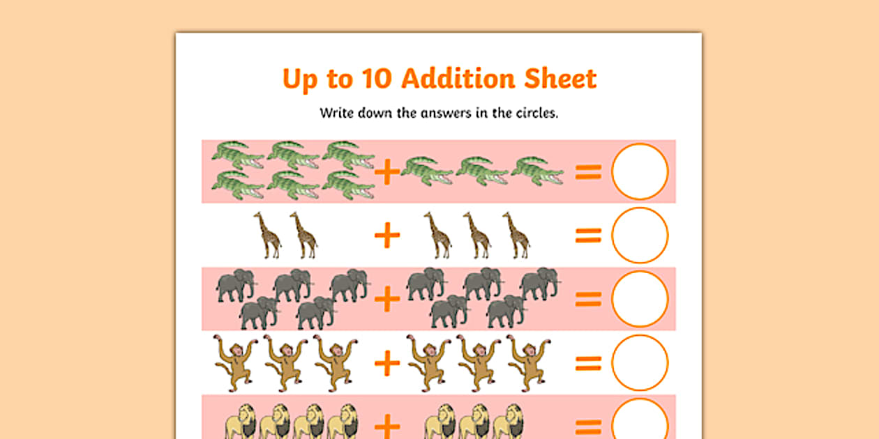 Safari Themed Up to 10 Addition Sheet - Twinkl