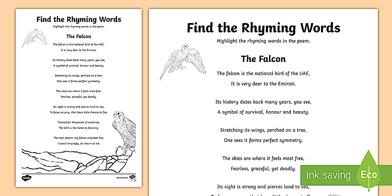 Falcon Poem Find the Rhyming Words Worksheet / Worksheet