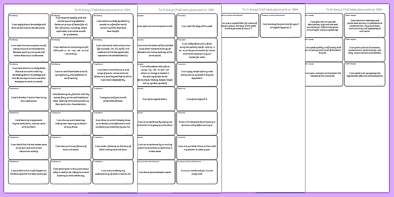 Year 1 English Assessment Targets Labels