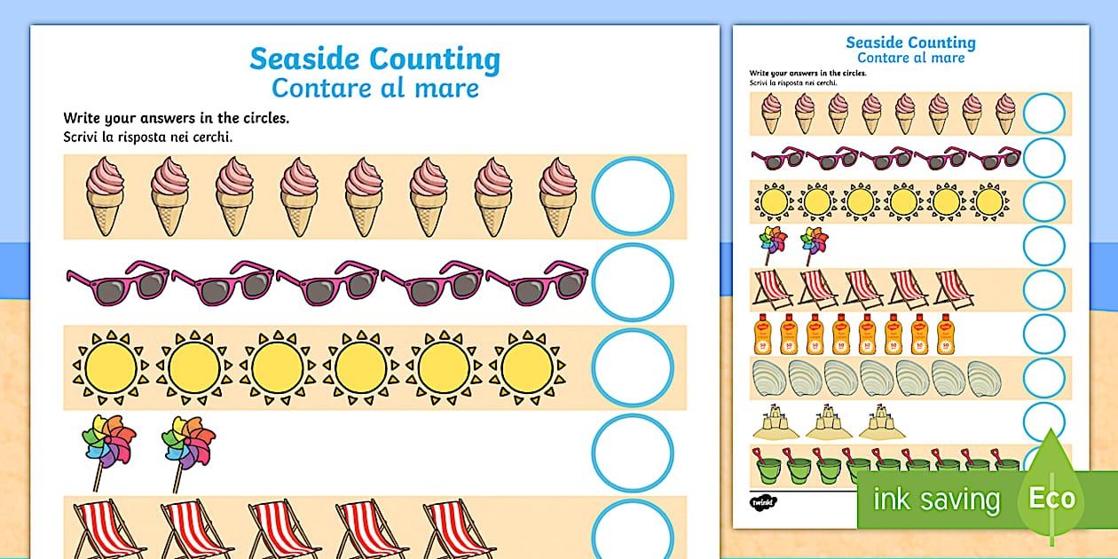 Seaside Counting Worksheet / Worksheet - English/Italian - Seaside Counting