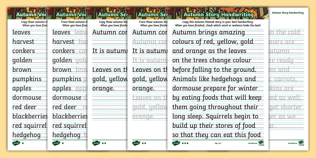 Autumn Vocabulary Differentiated Handwriting Activity Sheets