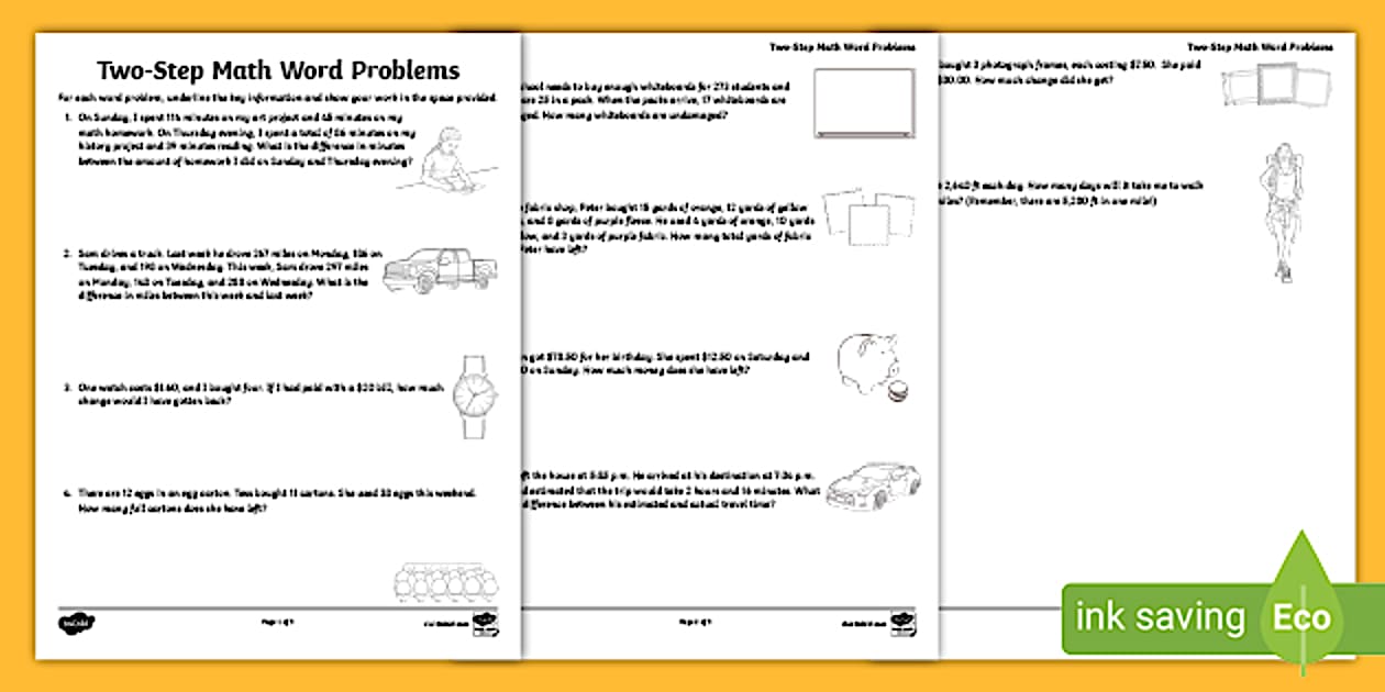 Two-Step Math Word Problems Worksheets Printable - Twinkl