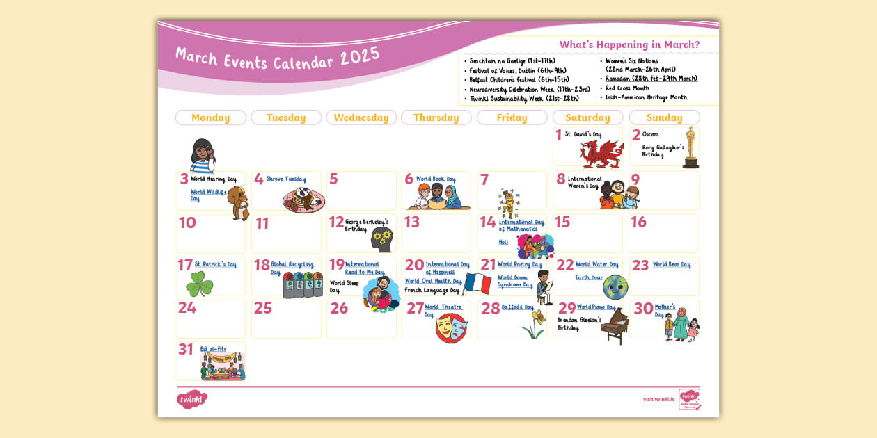 March Events Calendar 2025 Ireland Specific (teacher made)
