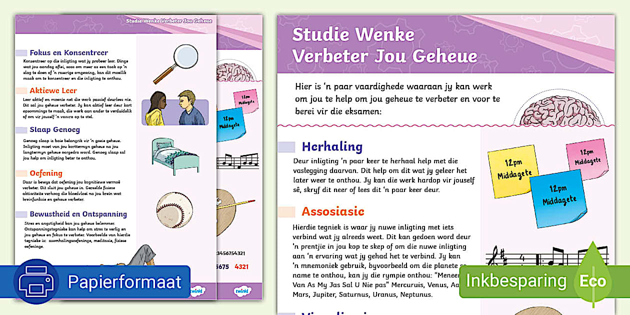 Studie Wenke Verbeter Jou Geheue (Lehrer gemacht) - Twinkl