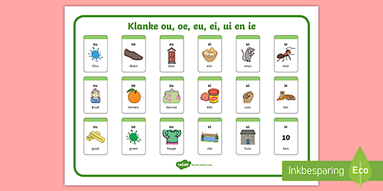 Klanke ou, oe, eu, ei, ui en ie Woordmat (teacher made)