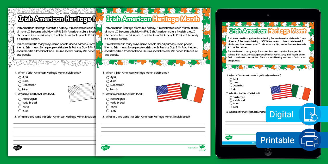 Irish American Heritage Month Reading Passage Comprehension