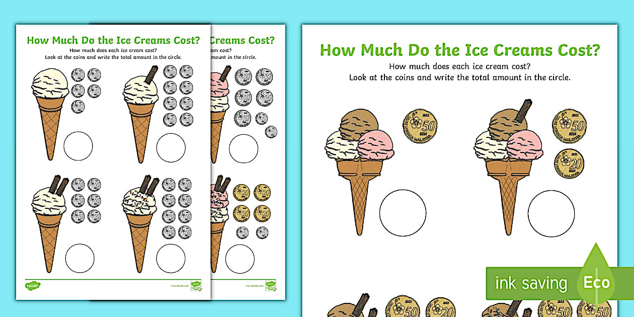 How Much is the Ice Cream? Money Worksheets Tahun 1 - Twinkl
