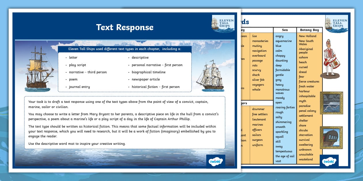 Eleven Tall Ships Text Response and Word Mat (Teacher-Made)