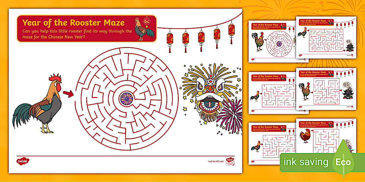Year of the Rooster Maze Activity Worksheets for stimulation
