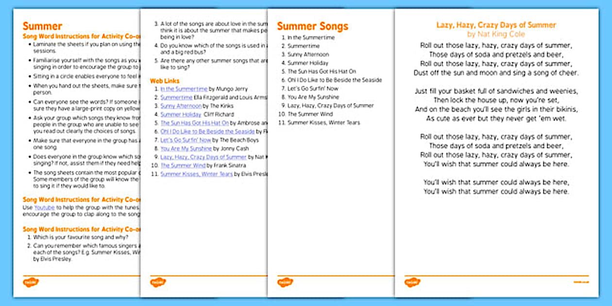 Care Home Summer Song Words (teacher made) - Twinkl