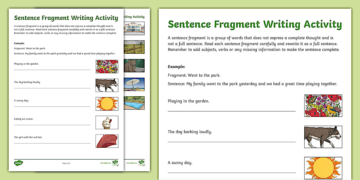 Sentence Fragment Writing Activity (teacher made) - Twinkl