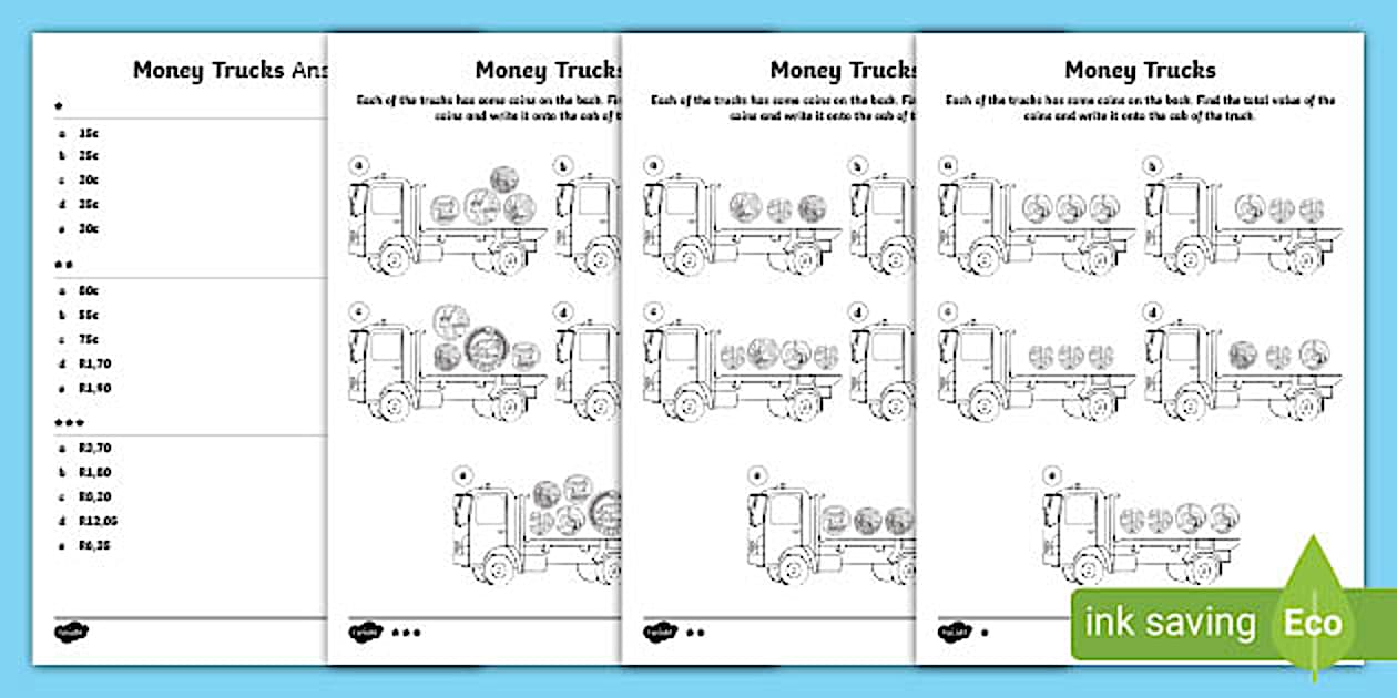 Grade 1 Maths - Money Trucks Differentiated Worksheets