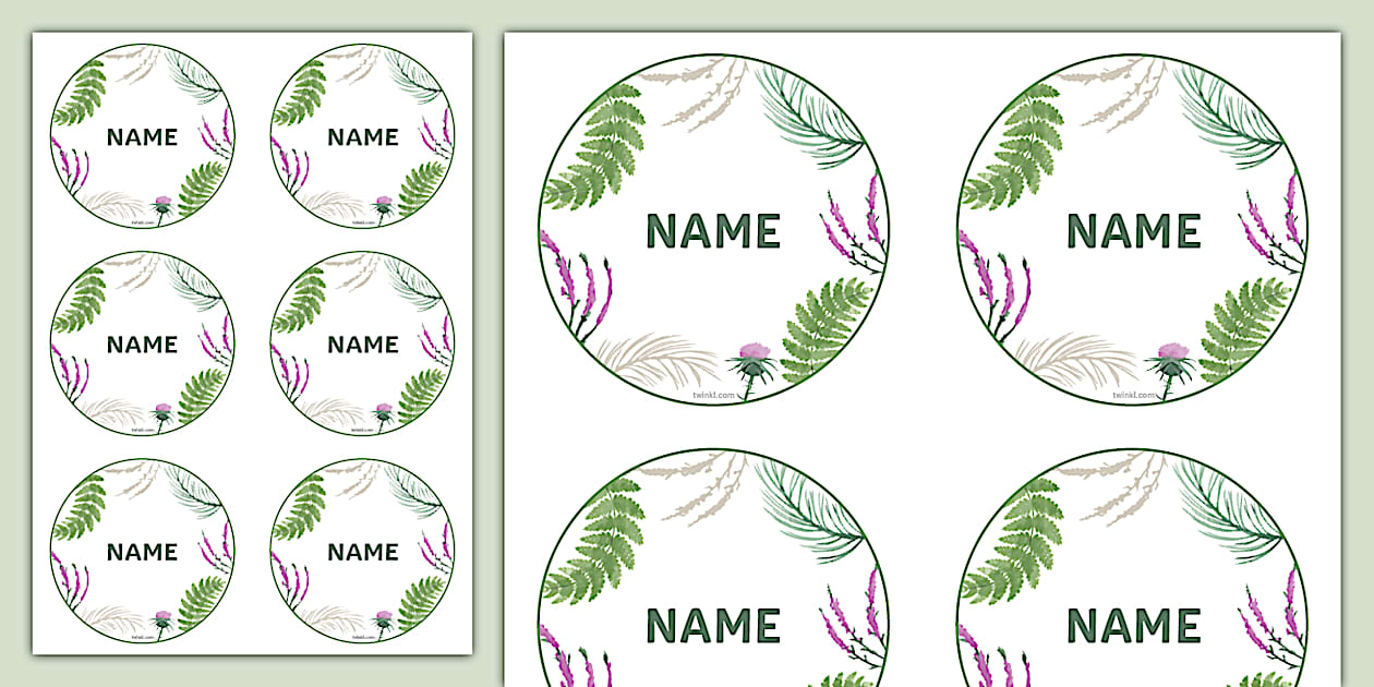 Scottish Botanical-Themed Editable Circle Name Labels