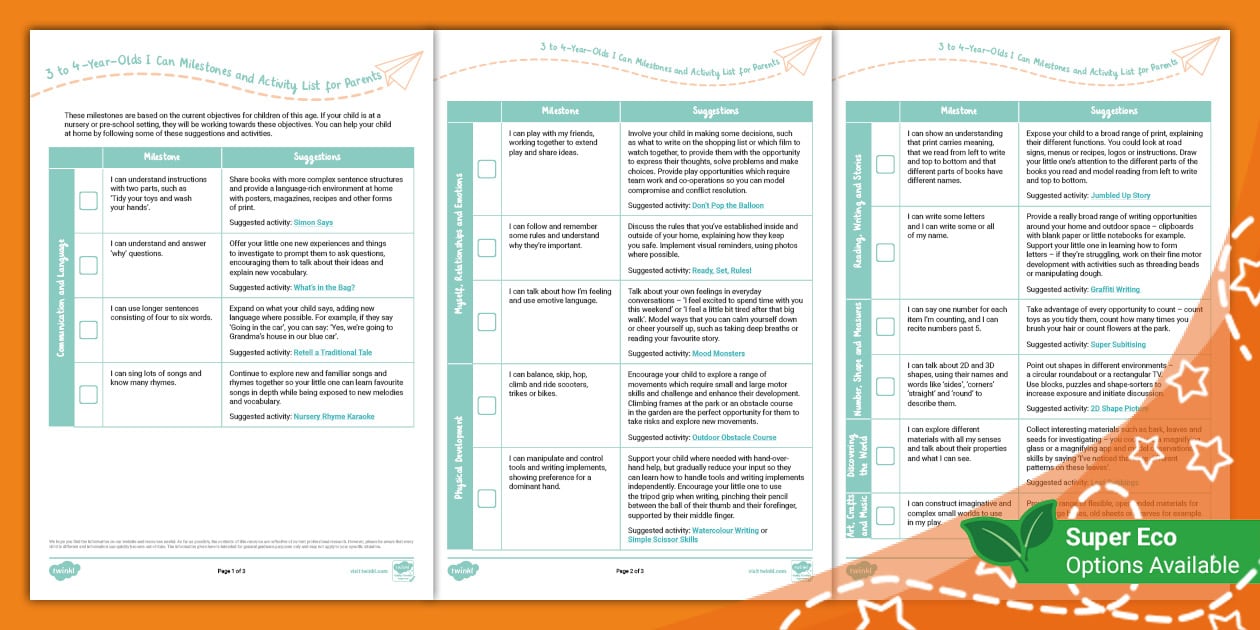 3 to 4-Year-Olds I Can Milestones and Activity List - Twinkl